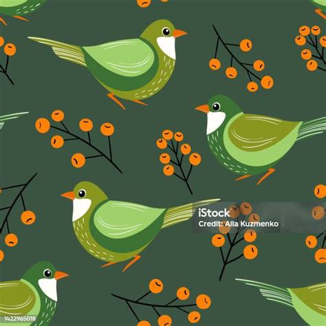 재미있는 다채로운 새 꽃 잎 및 열매가있는 완벽한 패턴 작은 만화 새와 컬러 플랫 벡터 일러스트레이션 귀여운 캐릭터 초대 포스터 카드 섬유 직물을위한 디자인 교육에 대한