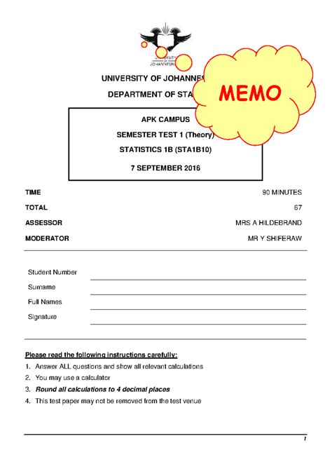 Semester Test 1 Memo Memo University Of Johannesburg Department Of Statistics Apk Campus