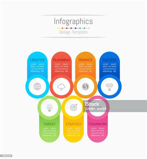 Infographic 7 옵션 부품 단계 일정 또는 프로세스와 비즈니스 데이터에 대 한 디자인 요소입니다 벡터 일러스트입니다 0명에 대한 스톡 벡터 아트 및 기타 이미지
