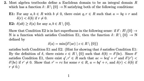 solved 2 most algebra textbooks define a euclidean domain