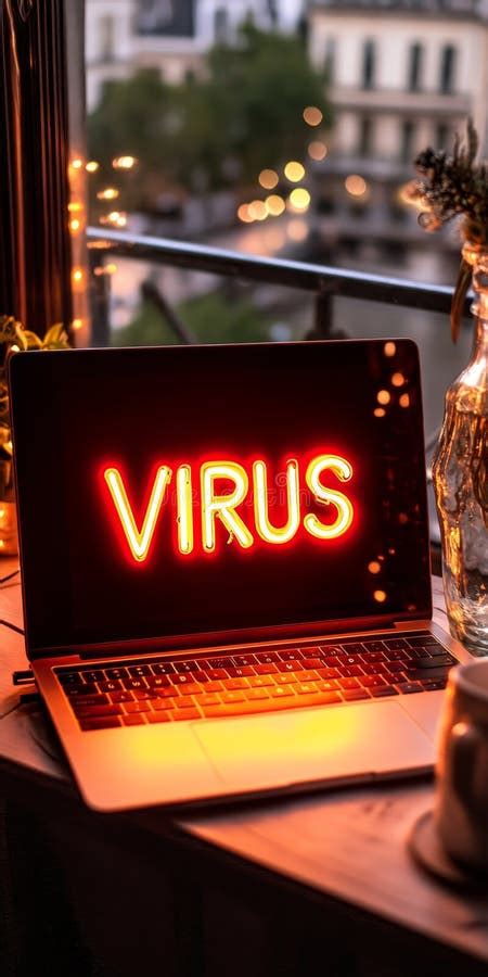 Laptop Computer Displaying Neon Virus Warning Sign On Orange Screen
