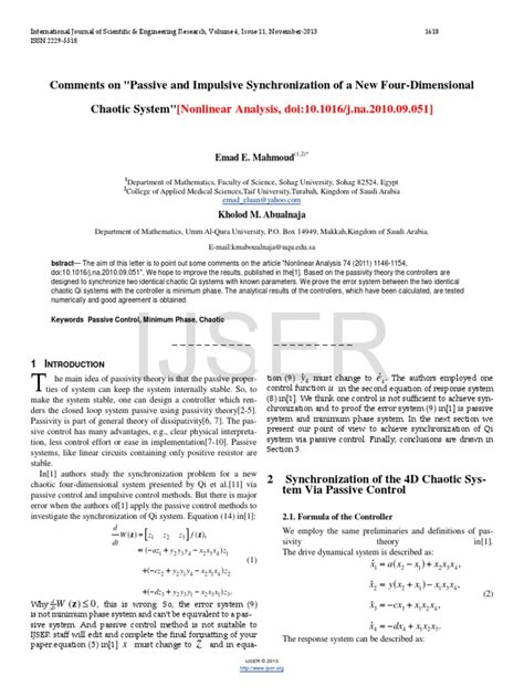 Researchpaper Comments On Passive And Impulsive Synchronization Of A