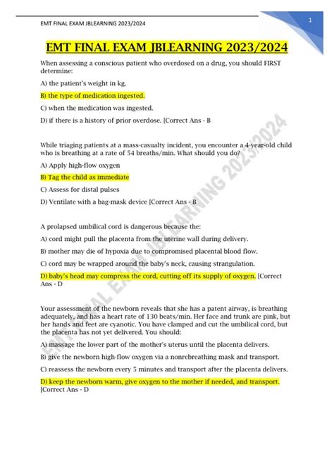EMT FINAL EXAM JBLEARNING 2023 2024 Multiple Choices All Questions With Correct Answers EMT