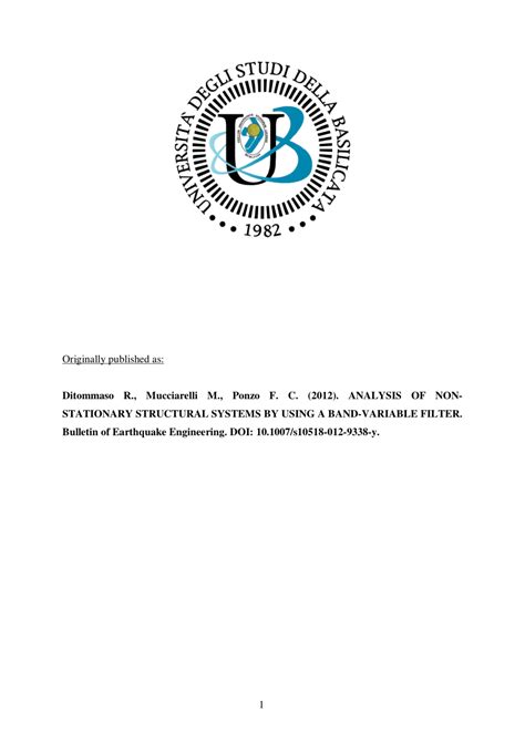 Pdf Analysis Of Non Stationary Structural Systems By Using A Band Variable Filter