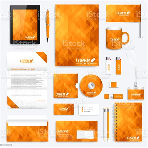 오렌지 세트 벡터 기업의 정체성 서식 파일입니다 현대 문구 모형입니다 오렌지와 노란색 삼각형 배경입니다 비즈니스 과학 의학 및