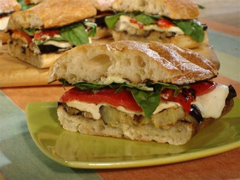 Grilled Eggplant And Fresh Mozzarella On Ciabatta With Roasted Red