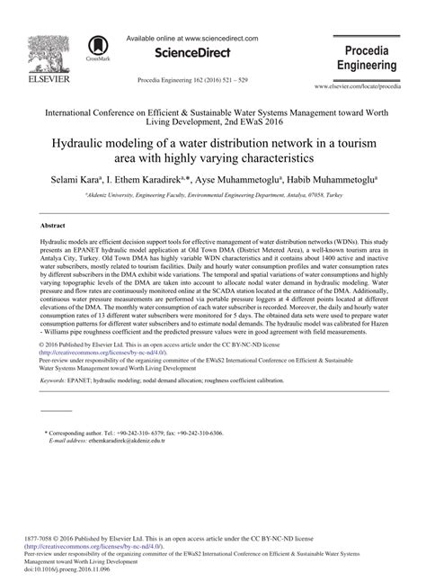 Pdf Hydraulic Modeling Of A Water Distribution Network In A Tourism Area With Highly Varying