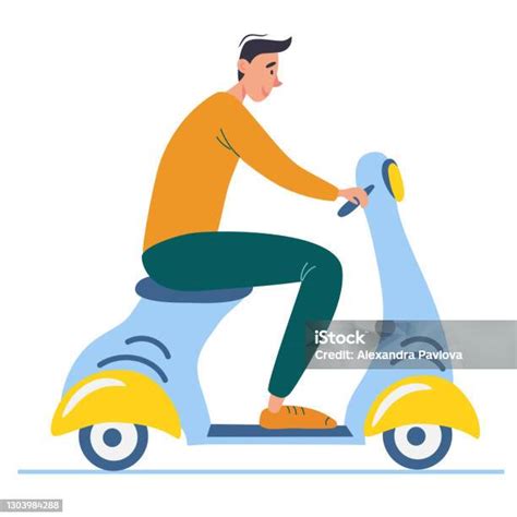 스쿠터를 운전하는 만화 십대 오토바이를 가진 젊은 남성의 측면 보기 벡터 그림입니다 교통수단에 대한 스톡 벡터 아트 및 기타