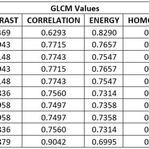 Representation Of Gray Level Co Occurrence Matrix Glcm Values