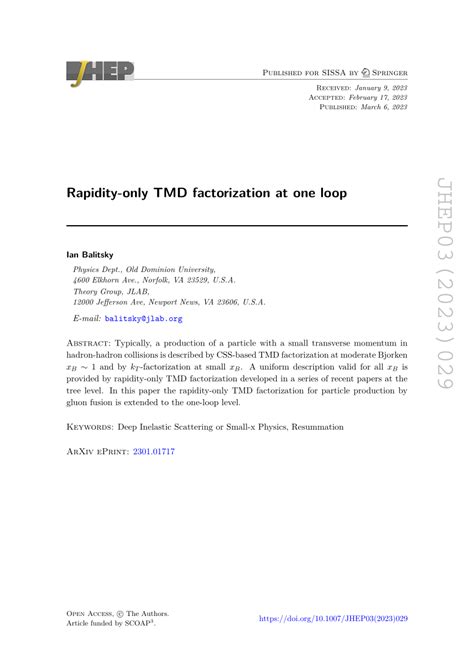 Pdf Rapidity Only Tmd Factorization At One Loop