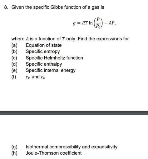 given the specific gibbs function of a gas