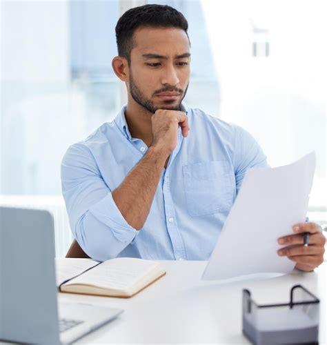 premium photo reading documents and business man thinking problem
