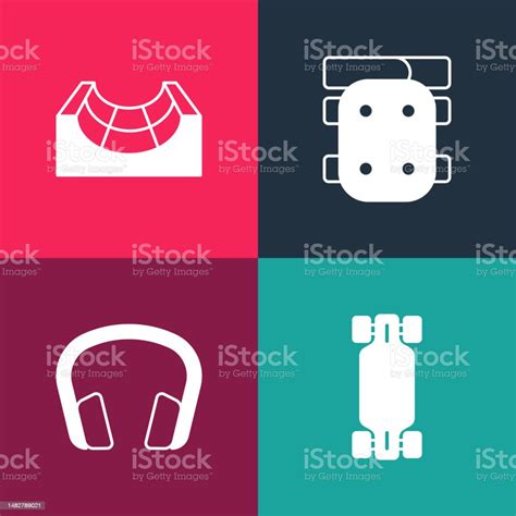팝 아트 롱보드 또는 스케이트보드 헤드폰 무릎 패드 및 스케이트 파크 아이콘을 설정합니다 벡터 경사로에 대한 스톡 벡터 아트 및 기타 이미지 Istock