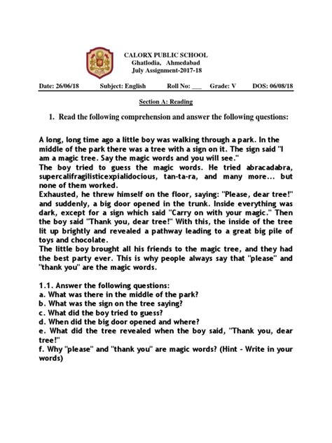 Grade V English Assignment 2017 18 Pdf Syntax Linguistic Typology