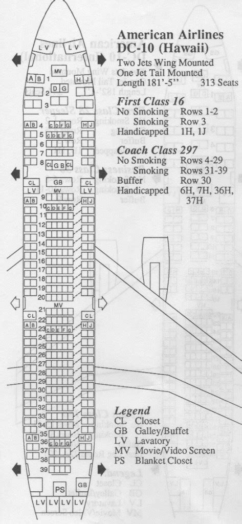 Vintage Airline Seat Map American Airlines Dc 10 Hawaii From 1987