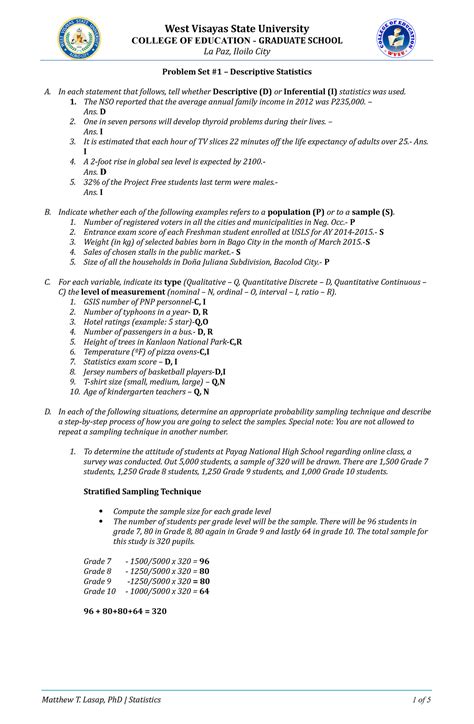 Problem Set Statistics COLLEGE OF EDUCATION GRADUATE Babe La Paz Iloilo City Problem