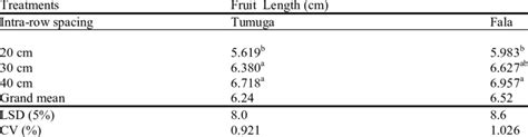 Means For Intra Row Spacing Effect On Fruit Length Of Tomato Download Scientific Diagram