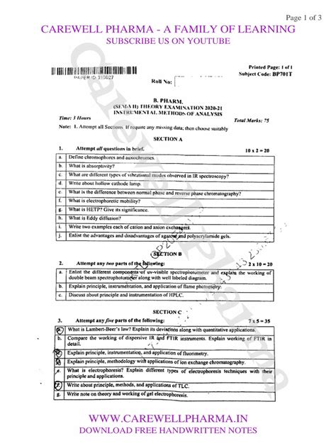 Instrumental Method Of Analysis 7th Sem Aktu Previous Year Question