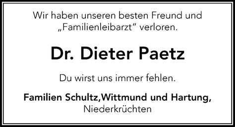 Traueranzeigen Von Dieter Paetz Trauer Anzeigen De