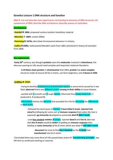 Lecture 1 Dna Structure And Function Genetics Lecture 1 DNA Structure And Function DNA List