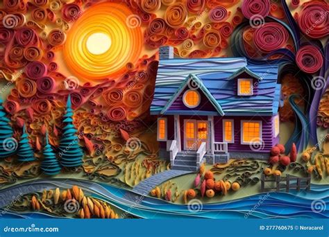 House And Tree Paper Quill On Autumn Theme Generative Ai Stock