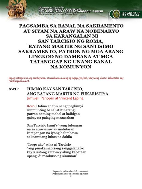 Pagsamba Sa Banal Na Sakramento at Pagsisiyam Kay San Tarcisio NG Roma | PDF