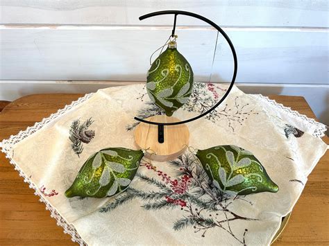 Vintage Green Glass Teardrop Ornaments With Sparkle Leaf Embellishment