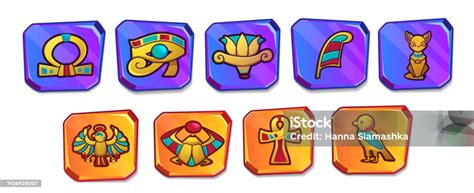 게임 사용자 인터페이스를위한 이집트 기호가있는 만화 고대 이집트 아이콘 깃털에 대한 스톡 벡터 아트 및 기타 이미지 깃털