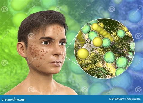 Acne Pimples And Closeup View Of Bacteria The Causative Agents Of