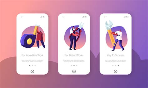 수리 작품 모바일 앱 페이지 온보드 화면 세트 웹 사이트 또는 웹 페이지 만화 플랫 벡터 일러스트레이션에 대한 깨진 기술 개념을 해결하기위한 거대한 펜치 규모 테이프와