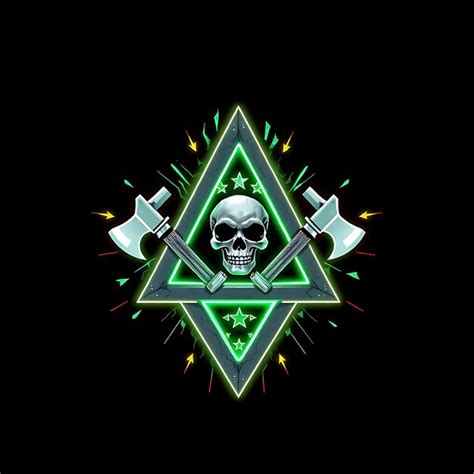 Surging Neon Around A Triangular Badge With Crackled Edges Inside Holds Crossed Axes Skulls And