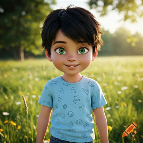A Cartoon Boy With Dark Hair And Big Green Eyes Smiles In A Sunlit