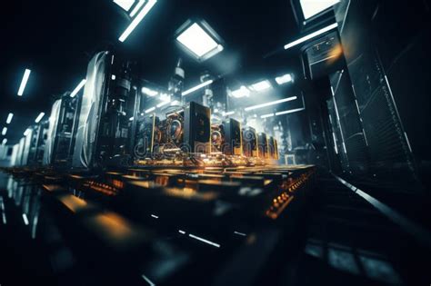a crypto mining farm with rows of computer equipment highlighting the