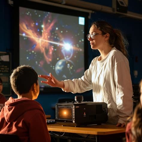 Premium Photo A Teacher Using A Projector To Show A Documentary About Space Exploration
