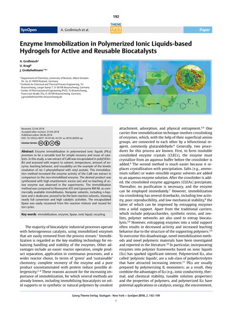 Pdf Enzyme Immobilization In Polymerized Ionic Liquids Based Hydrogels For Active And Reusable
