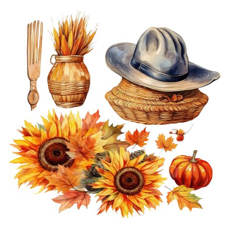 추수 감사절 요소 구운 칠면조 수채화 클립 아트 모자 견과류 해바라기 Png 일러스트 및 이미지 에 대한 무료 다운로드