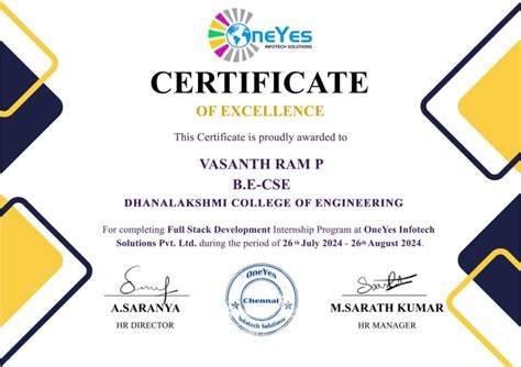 Vasanth Ram P On Linkedin Internship Oneyesinfotechsolutions Thozhil