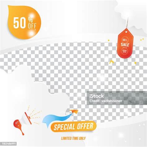 소셜 페이지에 대한 배너입니다 특별 제공 메가 세일 50 비행기 구름의 투명 한 배경에 라우드 스피커 종이와 빛나는 조명에서