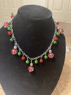 Kohls Christmas Necklace With Jingle Bells And Ornaments Green Red Ebay