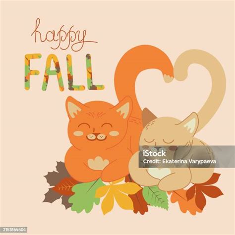 단풍이 있는 귀여운 고양이 레터링 해피 폴 단풍을 배경으로 한 귀여운 잠자는 고양이 만화 평면 스타일의 장식 엽서입니다 따뜻한 계절의 색상 벡터 일러스트 레이 션입니다 10
