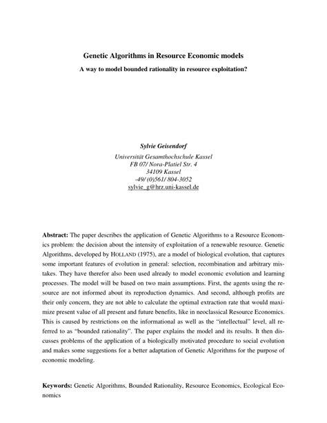 Pdf Genetic Algorithms In Resource Economic Models