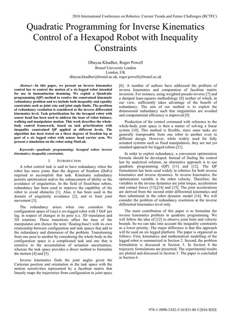 Pdf Quadratic Programming For Inverse Kinematics Control Of A Hexapod