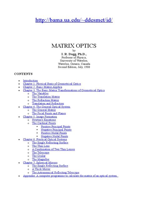 Matrix Optics Pdf Matrix Mathematics Lens Optics