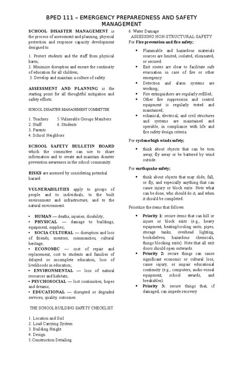 Bped 111 Emergency Preparedness And Safety Management Guide Studocu