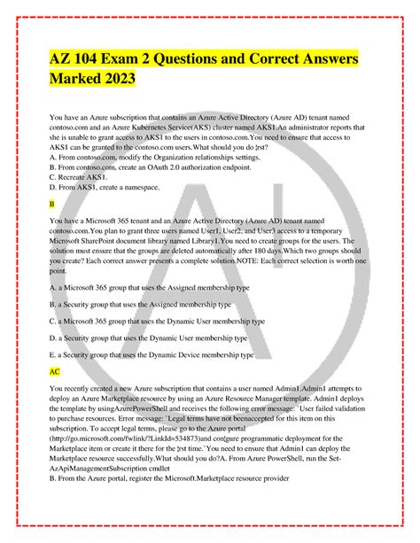 Az 104 Exam 2 Questions And Correct Answers Marked 2023 Com Need To Ensure That Access To Aks1