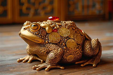 A Golden Chinese Money Toad Made Of Gold Coins And Red Gemstones On