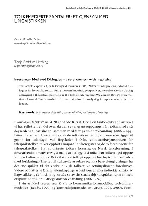 Pdf Interpreter Mediated Dialogues A Re Encounter With Linguistics This Article Expands