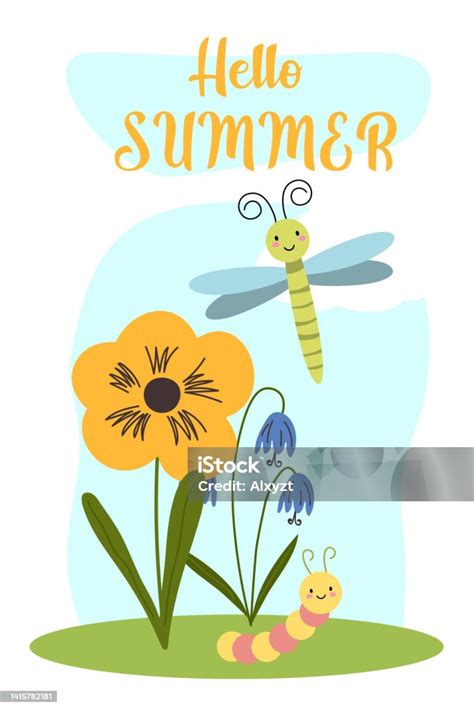 여름 벡터 일러스트 레이 션 템플릿 버그가있는 여름 초원 자연 배경 식물 카모마일 꽃 녹색 들판 잔디 인사말 카드 Eps 계절에 대한 스톡 벡터 아트 및 기타 이미지