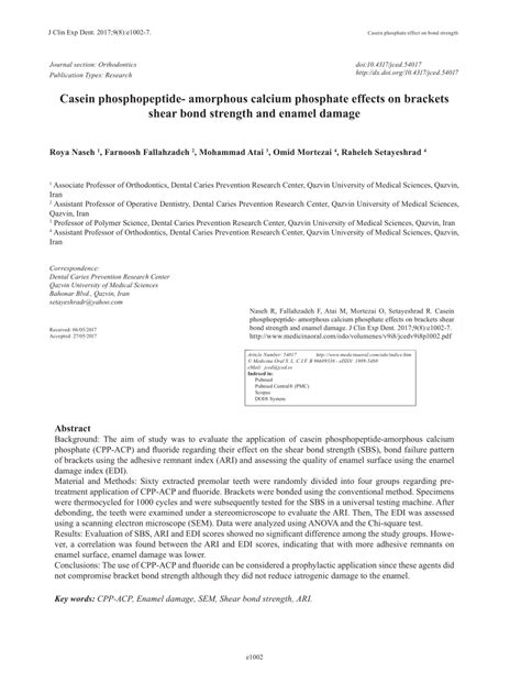 Pdf Casein Phosphopeptide Amorphous Calcium Phosphate Effects On Brackets Shear Bond Strength