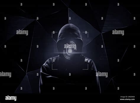 Internet Crime Concept Hacker Working Face Unlock On A Code On Dark Digital Background With